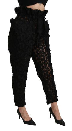 Dolce & Gabbana Womens Black Floral Lace Tapered High Waist Pants Polyester