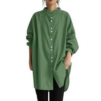 Generic Hauts d&eacute;t&eacute; amples en coton et lin pour femmes, col boutonn&eacute;, manches longues, habill&eacute;, d&eacute;contract&eacute;, tunique ample 2026, v&ecirc;tements tendance, Vert-2, 3X