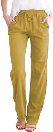 Generic Pantalon Fluide Femme &eacute;t&eacute;,Pantalon Long &eacute;lastique en Coton et Lin pour, Couleur Unie, Loisirs de Plage Pants Thermique (Yellow, S)