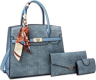Generic Sac &agrave; bandouli&egrave;re pour femme avec poign&eacute;e sur le dessus, motif crocodile, sac &agrave; main en cuir, sacoche fourre-tout avec pochette 3 pi&egrave;ces, bleu, Large