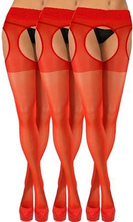 Sesto Senso Collant Ouvert 3 paires Femme Sexy 15 Den Bas Pour Porte-Jarretelles Trou Entrejambe 3 Rouge