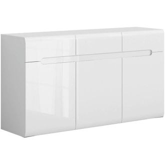 PEGANE Commode meuble de rangement &agrave; 3 portes et 3 tiroirs, coloris Blanc/Blanc haute brillance - Longueur 150 x Profondeur 41 x Hauteur 84 cm