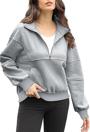 Generic Pull en polaire pour femme - Haut d&eacute;contract&eacute; - Demi-fermeture &eacute;clair - Sweat &agrave; capuche surdimensionn&eacute; &agrave; manches longues - Pull d&eacute;contract&eacute; avec poche