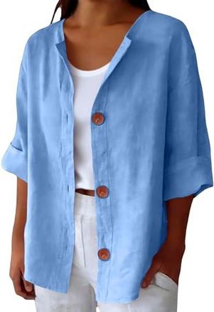 Generic Chemise boutonn&eacute;e en coton pour femme &agrave; manches 3/4, chemisiers habill&eacute;s et d&eacute;contract&eacute;s pour enseignantes, bureau, travail, printemps et &eacute;t&eacute;, bleu ci