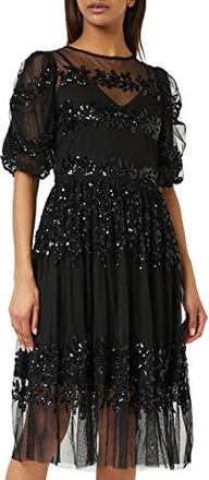 Maya Womens Midi Dress Ladies Sequin Embellished Short Sleeve Dress for Wedding Guest Bridesmaid Prom Ball Evening Occasion, Robe Femme, Black