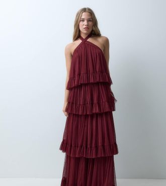 Lace & Beads Petite robe longue en tulle &agrave; col halter et &agrave; volants bordeaux-Rouge