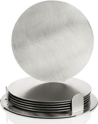 Com-Four 7-teiliges Untersetzer-Set mit Halterung - Edelstahl Untersetzer für Getränke - runde Stahluntersetzer - silberfarben (007-teilig - silberfarben)