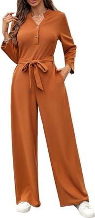 Onsoyours Femme Combinaison Casual Loose Salopette &Eacute;l&eacute;gant Manches Longues Boutonn&eacute; Playsuit Taille Haute Jumpsuit Avec Poche Ceinture A Marron XL