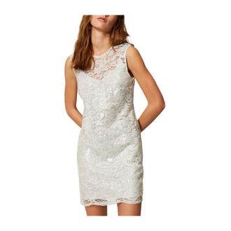 Twinset Femme, Robes, Blanc, Taille: 38 FR Courte robe en dentelle avec sequins