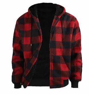 Generic Cardigan à carreaux pour homme doublé en polaire avec fermeture éclair intégrale - Style vintage décontracté - Sherpa - Doux et chaud - À carreaux - M