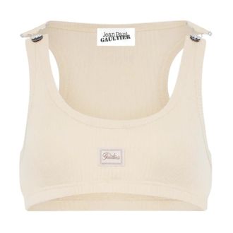 Jean Paul Gaultier Femme, Tops, Beige, Taille: 38 FR Soutien-gorge en coton c&ocirc;tel&eacute; avec patch et boucles
