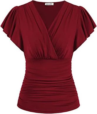 Grace Karin Tunique dÉté à Taille Marquée pour Femme Haut Casual à Manches Courtes Volantées Blouse Unie à Taille Froncée M Bordeaux