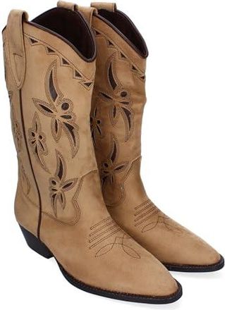 Shoes & Blues Bottes &eacute;l&eacute;gantes pour femme avec talon campero et ornements brod&eacute;s, fermeture lat&eacute;rale avec fermeture &eacute;clair, bout fin, Camel, 35 EU