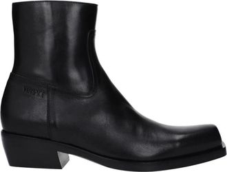 Versace Homme, Chaussures, Noir, Taille: 41 EU Bottines Noires en Cuir avec Logo