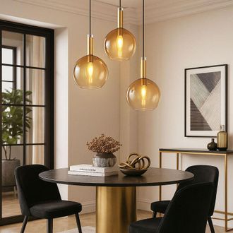 Globo Lighting Suspension LED Lampe de salon laiton ambre Lampe &agrave; suspendre 3 flammes verre, m&eacute;tal, 3x 4W 3x 350lm blanc chaud, DxH 51x150 cm