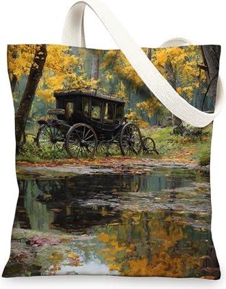 Generic Sacs fourre-tout en toile vintage, sacs dépicerie réutilisables, légers et lavables avec bandoulière, Jaune, 13x15 Inch