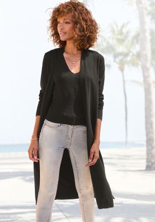 Lascana Cardigan LASCANA, Damen, Gr. 32/34, schwarz, Feinstrick, Obermaterial: 70% Viskose, 30% Polyamid, unifarben, figurumspielend knieumspielend, Rippstric