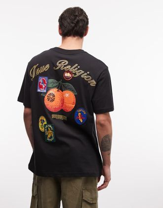 True Religion T-Shirt in Tiefschwarz mit Orchard-Stempelprint