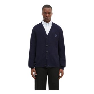 Maison Kitsun&eacute; Kardigan mit geripptem Besatz und auff&auml;lligem Fuchskopf - - Knitwear - Herren - Blau - XL