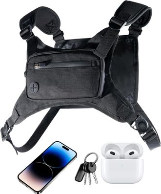 Generico Brustrucksack für Herren, Brusttasche, Fronttasche, mit Handytasche, für Wandern, Jagd, Radfahren, Motorrad, Camping, Schwarz, Consulte la descripción