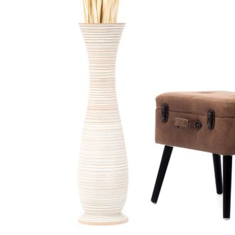 Leewadee Große Deko Bodenvase Für Dekozweige, Hohe Standvase Für Pampasgras, Design Holzvase, 65 cm, Weiß