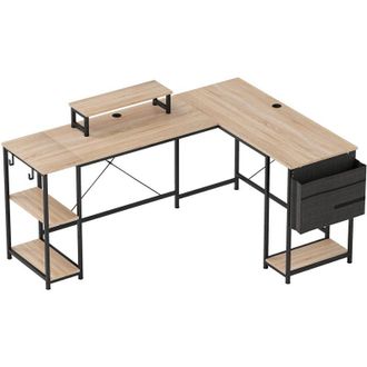 HOMCOM Homcom - Bureau dangle modulable r&eacute;versible style industriel - nombreux rangements - acier noir effet bois naturel