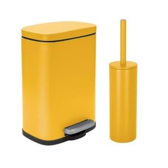 Spirella Treteimer-Set + WC-B&uuml;rste aus Stahl AKIRA - Soft-Close, Anti-Fingerabdruck - 21,4 x 17,6 x 30 cm - 5L - Mattes Safran