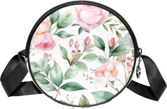 Generic Petit sac &agrave; bandouli&egrave;re circulaire pour femme, motif feuilles florales, sac &agrave; dos avec fermeture &eacute;clair, bretelles r&eacute;glables, sac &agrave; main rond d&eacute;contra