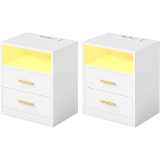 Vasagle Lot de 2 Tables dAppoint Modernes avec Tiroirs, Lumi&egrave;res LED, Multiprises et Ports USB, pour Chambre, Blanc