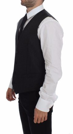 Dolce & Gabbana Mens Gray Striped Wool Logo Vest Gilet Vests Clothing