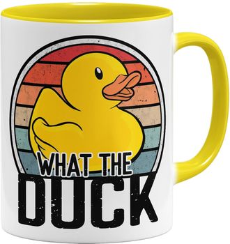OM3 lustige What the Duck Kaffee-Tasse mit Spruch & gelber Ente - Statement - Keramik Becher - 325ml - Beidseitig Bedruckt - Gelb