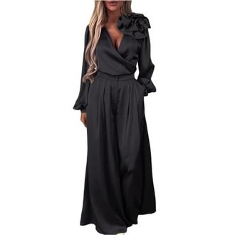 Generic Ensemble deux pi&egrave;ces en satin pour femme, grande taille, col en V profond, haut &agrave; manches longues et pantalon habill&eacute; &agrave; jambe large, tenue avec poches