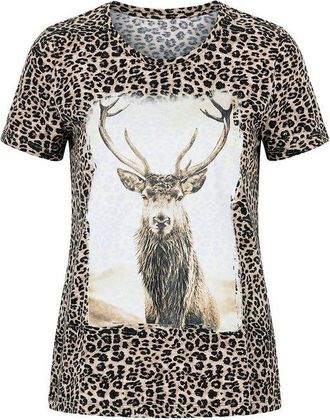 Ulla Popken T-Shirt T-Shirt Leomuster Hirsch Classic Rundhals Halbarm