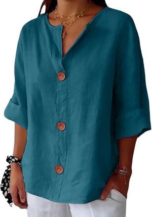 Generic Chemise boutonn&eacute;e en coton et lin &agrave; manches 3/4 pour femme, col en V, uni, coupe ample, tenue dautomne, Bleu ciel02, XXL