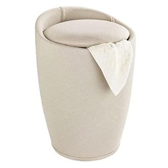 WENKO Badhocker Mod. Candy Leinen Optik Beige, Hocker mit Stauraum f&uuml;r das Badezimmer und Wohnzimmer, integrierter W&auml;schesammler, ABS-Kunststoff, BPA-frei, 