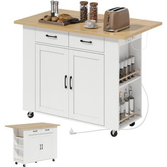 HOMCOM &Icirc;lot de Cuisine - HOMCOM - Station de Charge, Plan de Travail Rabattable et Roulettes - Bois - 120 x 71 x 89 cm - Blanc