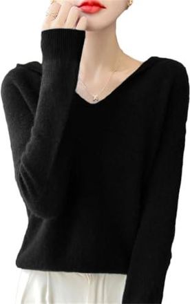 Generic Pull &agrave; capuche pour femme - 100 % laine m&eacute;rinos - Pull en cachemire, Noir, L