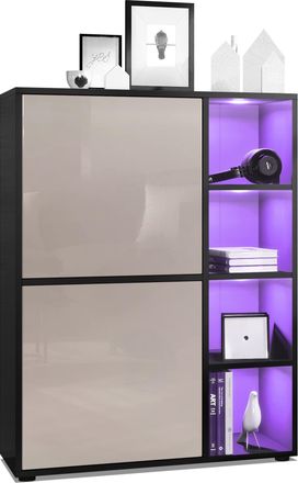 Vladon Highboard Schrank Anrichte Cuba mit 8 Fächern, Made in Germany, Korpus in Schwarz matt/Fronten in Sandgrau Hochglanz, mit RGB LED Beleuchtung