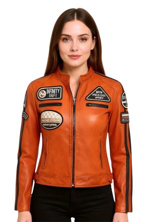 Infinity Leather Orangefarbene Bikerjacke aus Leder f&uuml;r Damen mit Rennabzeichen - Dalby