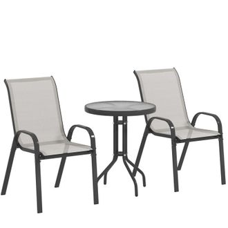 OUTSUNNY Salon de jardin ext&eacute;rieur - Outsunny - 3 pi&egrave;ces - 2 fauteuils empilables et table basse avec dessus en verre tremp&eacute; - gris clair
