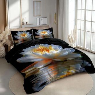 Generic Housse de Couette 220x240 Fleur de Lotus Parure de Lit Noir Imprim&eacute; 3D Adulte Set Literie Microfibre Doux et Confortable R&eacute;versible Housse Couette ave