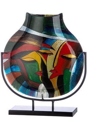 GILDE GLAS art Deko Vase auf schwarzem Metall St&auml;nder - Gesicht Face - Kunstobjekt handbemalt - Mehrfarbig H&ouml;he 40 cm