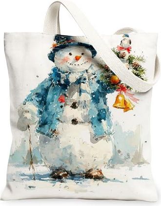 Generic Sac fourre-tout en toile motif bonhomme de neige r&eacute;utilisable, sac &agrave; provisions r&eacute;utilisable, l&eacute;ger et lavable, toile pour voyage, pique-nique, 33 x 3