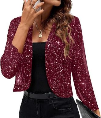 Onsoyours Bol&eacute;ro Femme &Eacute;l&eacute;gant Cardigan Festive Soir&eacute;e Jacke Paillette Gilet L&eacute;ger Manches Longues Blazer Court Ouvert Devant Veste Mince Manteau A Vin Rouge XL