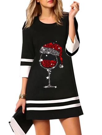 Minetom Damen Weihnachtskleid Elegante Blusenkleid 3/4 &Auml;rmel Festliches Kleider Weihnachten Druck Tunika Kleid Partykleid Cocktailkleid Rot 3XL