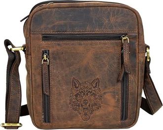 MDM Biker Sac à bandoulière en cuir pour homme Motif loup, marron, Mittelgroße