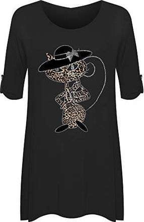 WearAll Haut évasé à Manches Courtes avec limage dun Chat - Haut - Femmes - Noir - 50-52