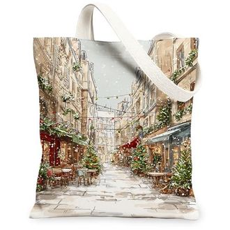 Generic Sac fourre-tout en toile motif paysage urbain de vacances r&eacute;utilisable, vintage, l&eacute;ger, lavable, multicolore, 13x15 Inch