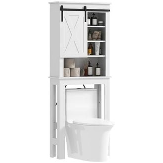 HOMCOM Meuble WC Dessus de Toilette WC Rangement Meuble Salle de Bain avec 6 Compartiments et Porte de Grange coulissante, dim. 67 x 25 x 172 cm, Blanc