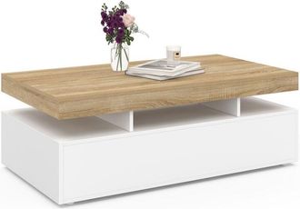 IDMarket Rechteckiger Couchtisch ELSA mit 2 Schubladen aus wei&szlig;em Holz und Buchenholzplatte
